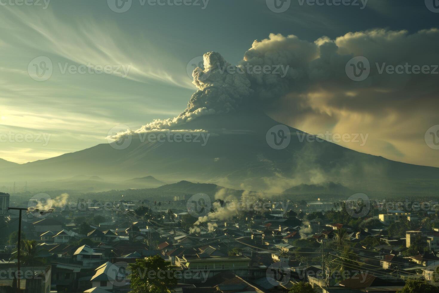 Volcanic eruption volcano erupting with smoke ashes old mountain peak ...