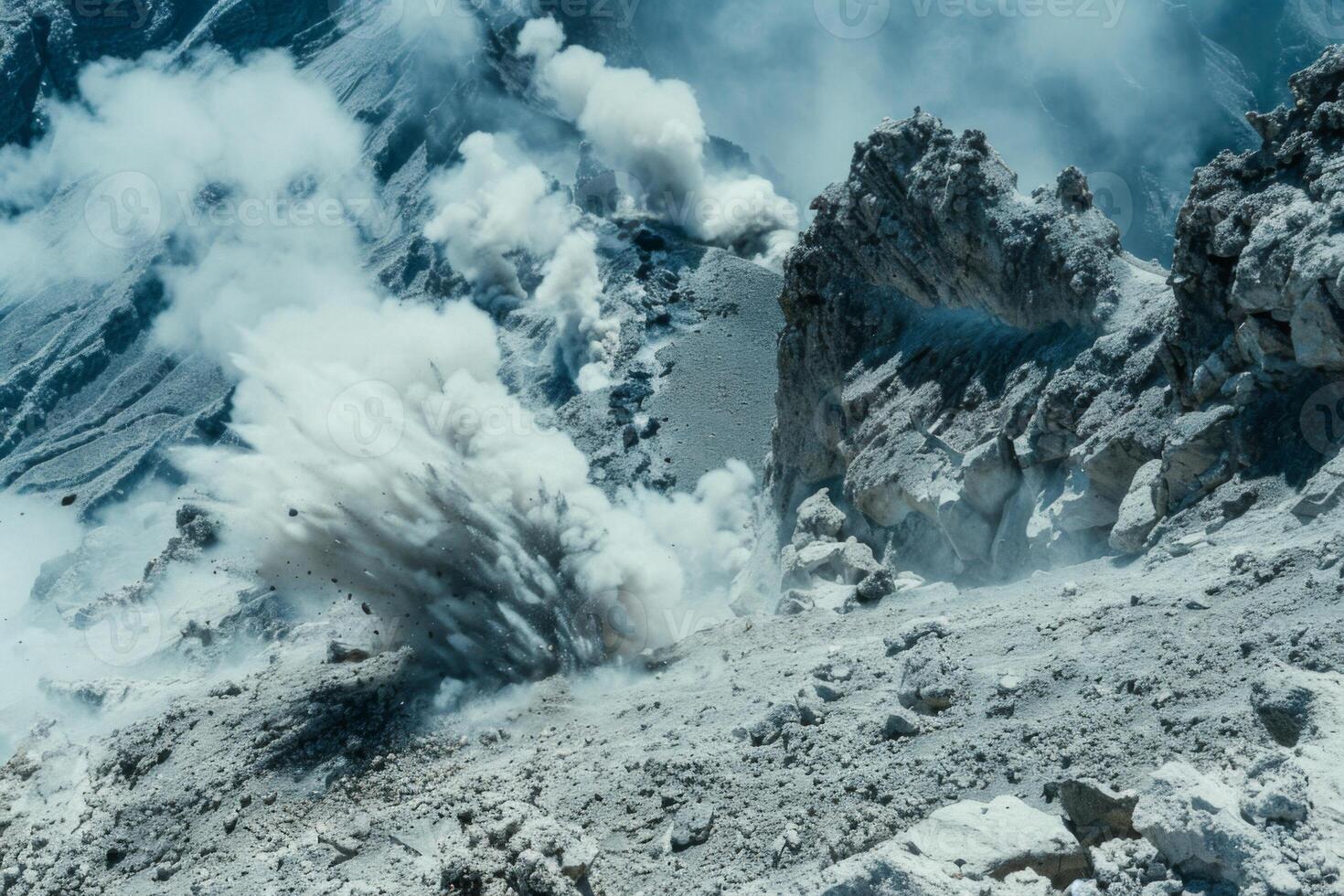 Volcanic eruption volcano erupting with smoke ashes old mountain peak ...