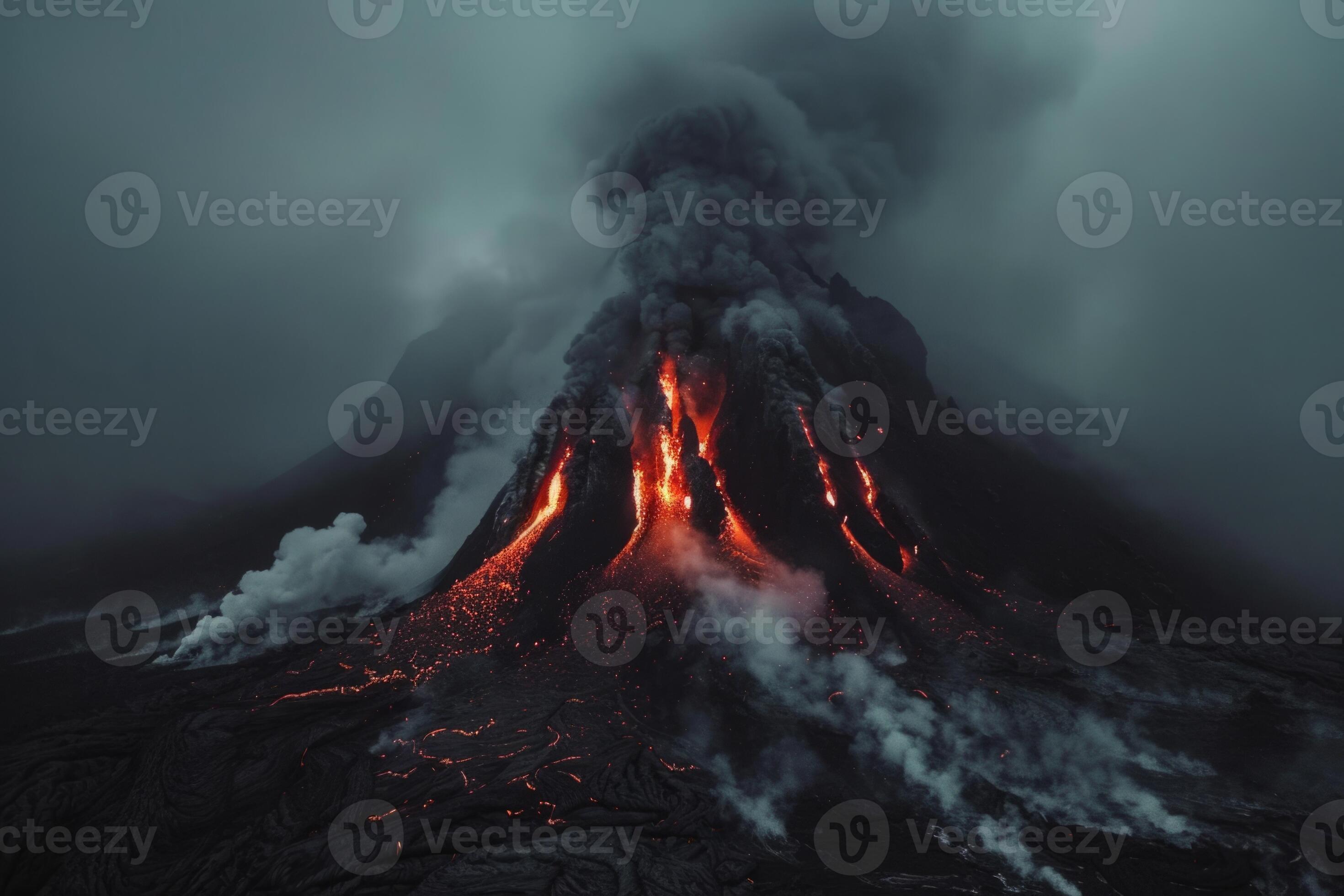 Volcanic eruption volcano erupting with smoke ashes old mountain peak ...