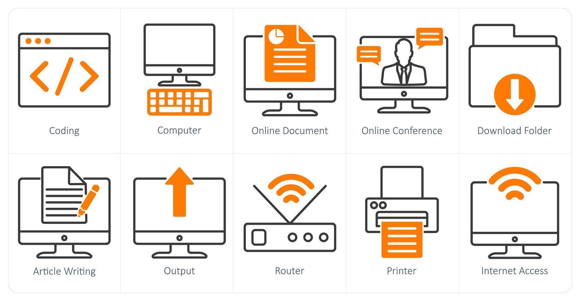 A set of 10 business and office icons as coding, computer, online ...