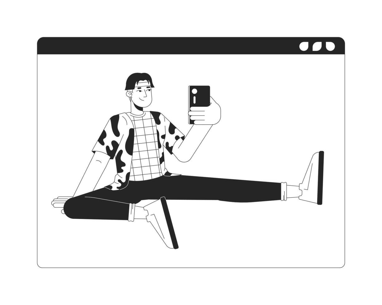 Asian Man Blogger With Smartphone Black And White 2d Line Cartoon