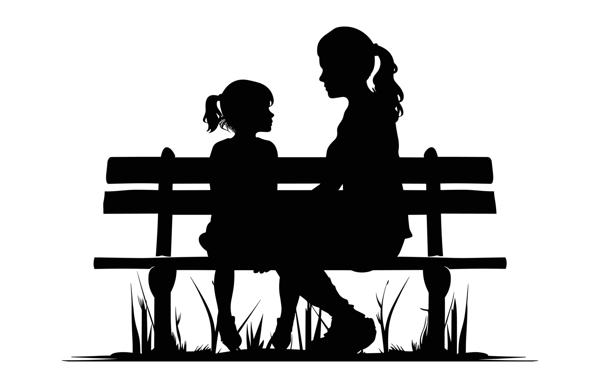 Mother Daughter Sitting On A Bench Black Silhouette 46526641 Vector Art