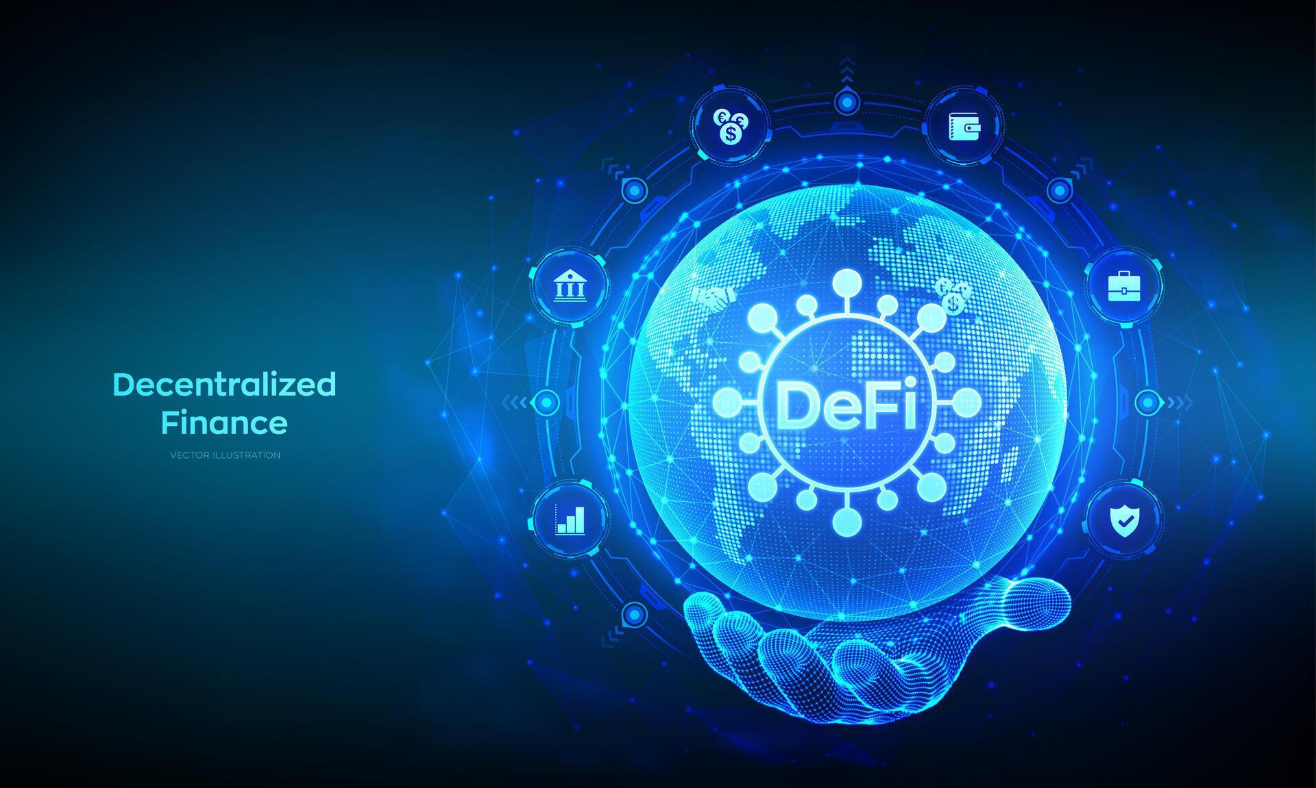 DeFi. Decentralized Finance. Blockchain, decentralized financial system. Business technology ...