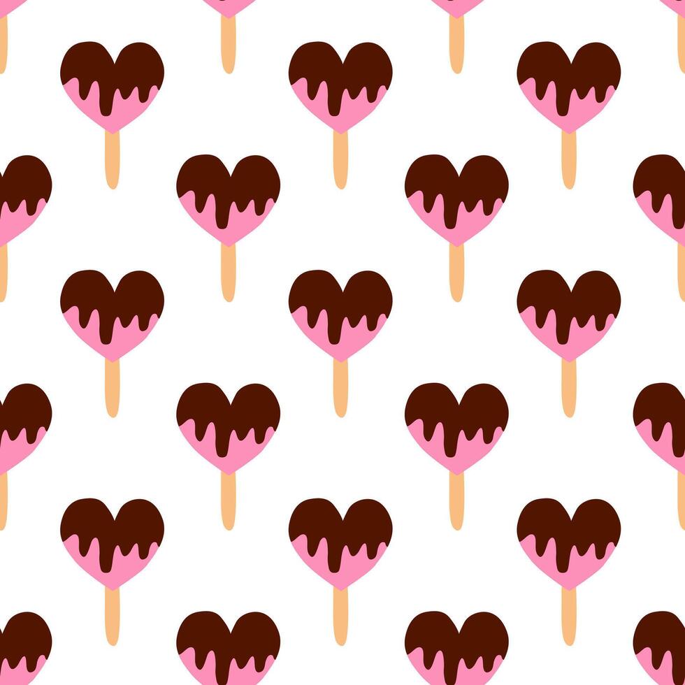 Seamless Pattern Ice Cream With Chocolate In Shape Of Heart Summer