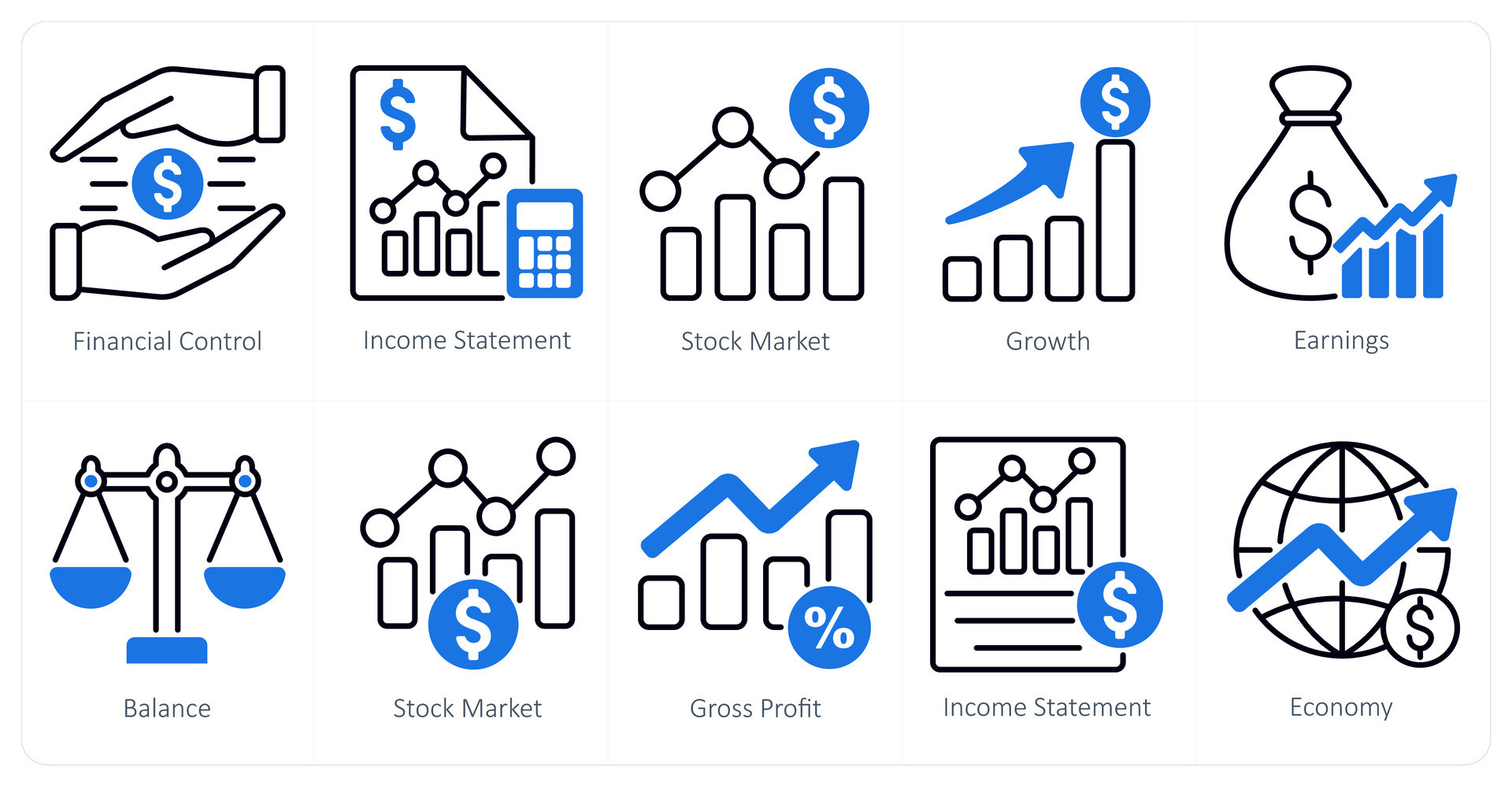 A set of 10 banking icons as financial control, income statement, stock ...