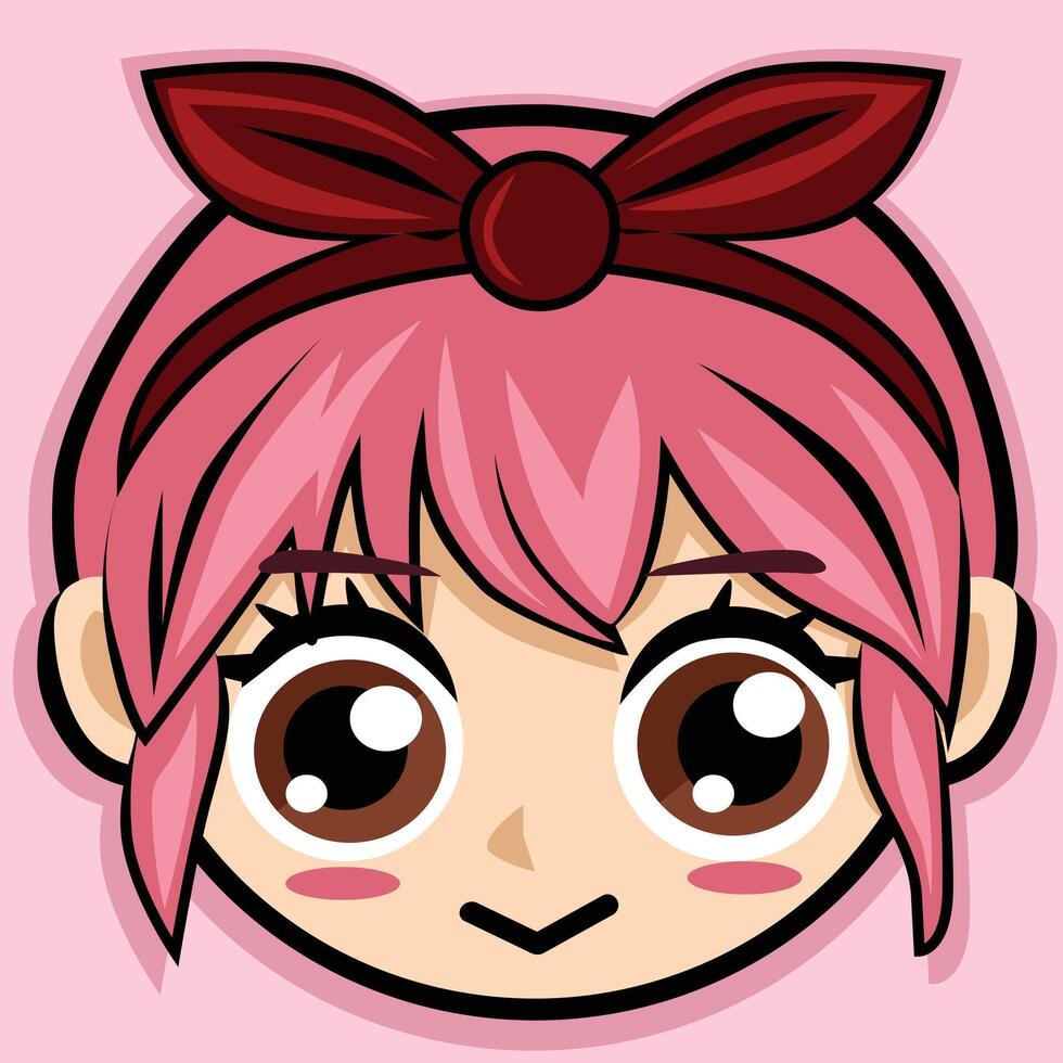 Cute Cartoon Girl Face With Pink Shadow Pink Hair Tied With A Red Bow Logo Face On Isolated