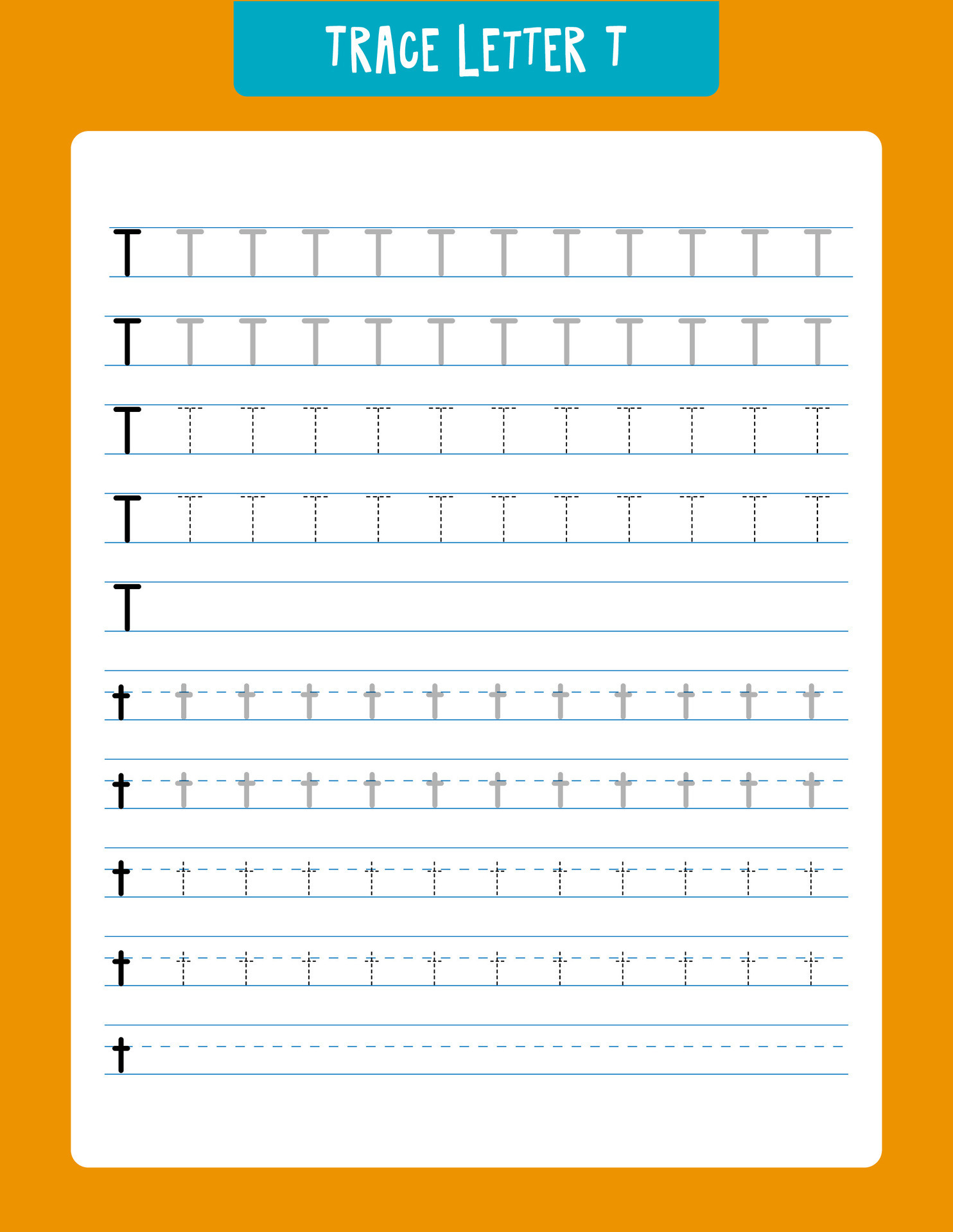 Printable worksheet designed to help preschoolers learn how to trace the letter t. the worksheet ...