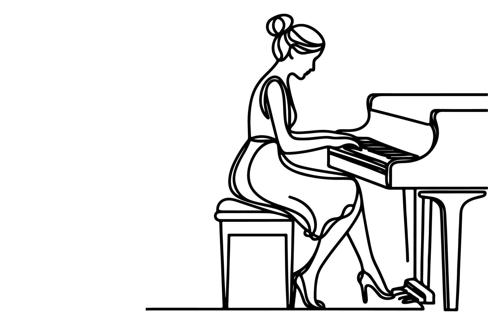 continuous one line drawing woman playing a grand piano outline, sketch artist sitting and using ...