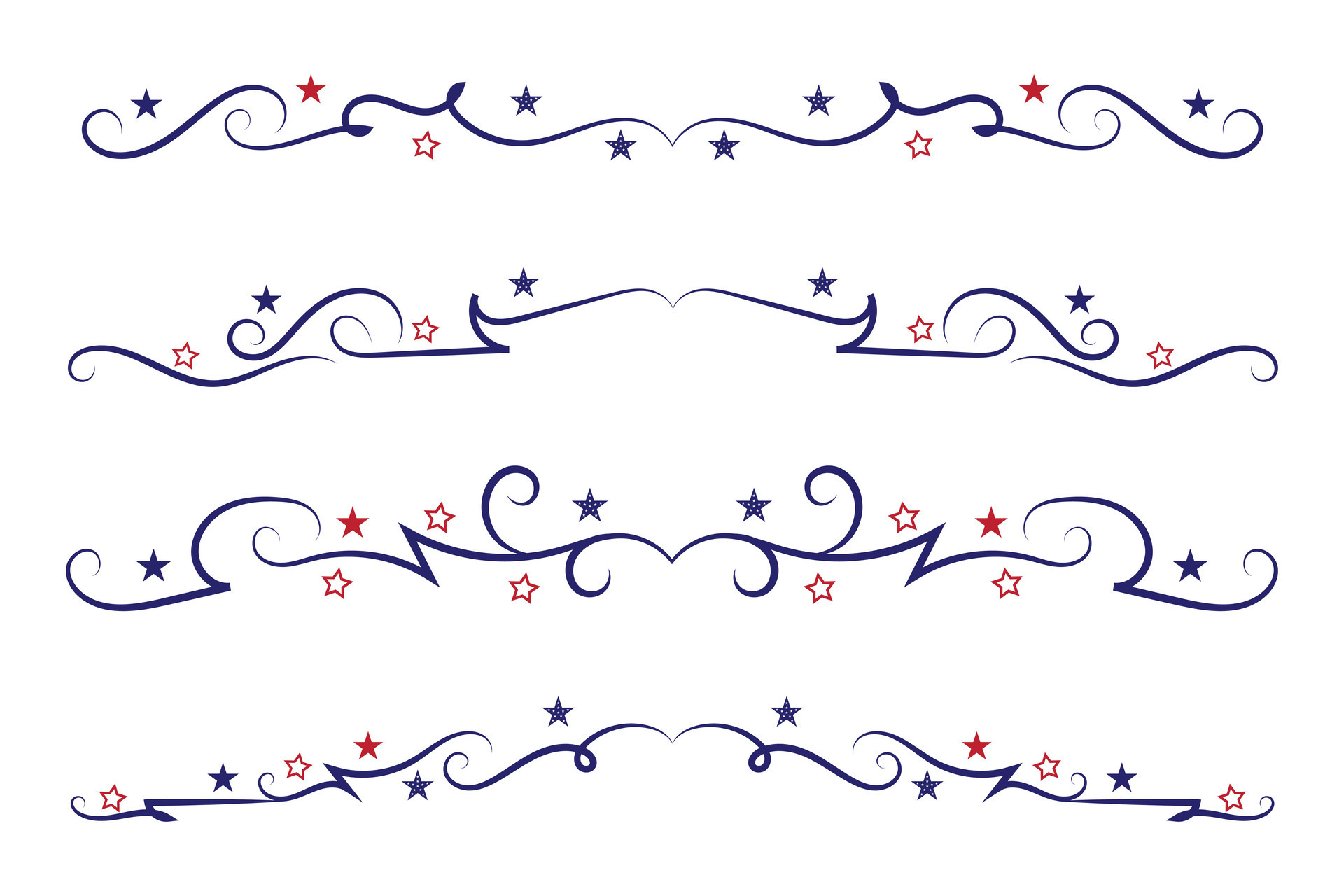4th of July lettering header Ornate swirls, patriotic red stars, and ...