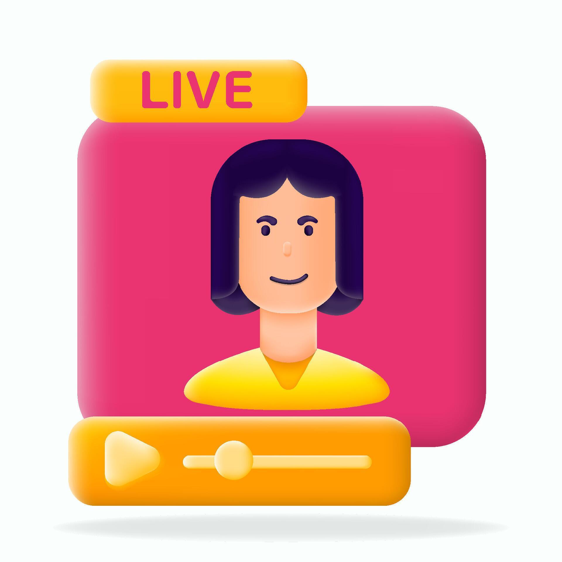 3D illustration of a woman streaming live with stream controls. Engage ...
