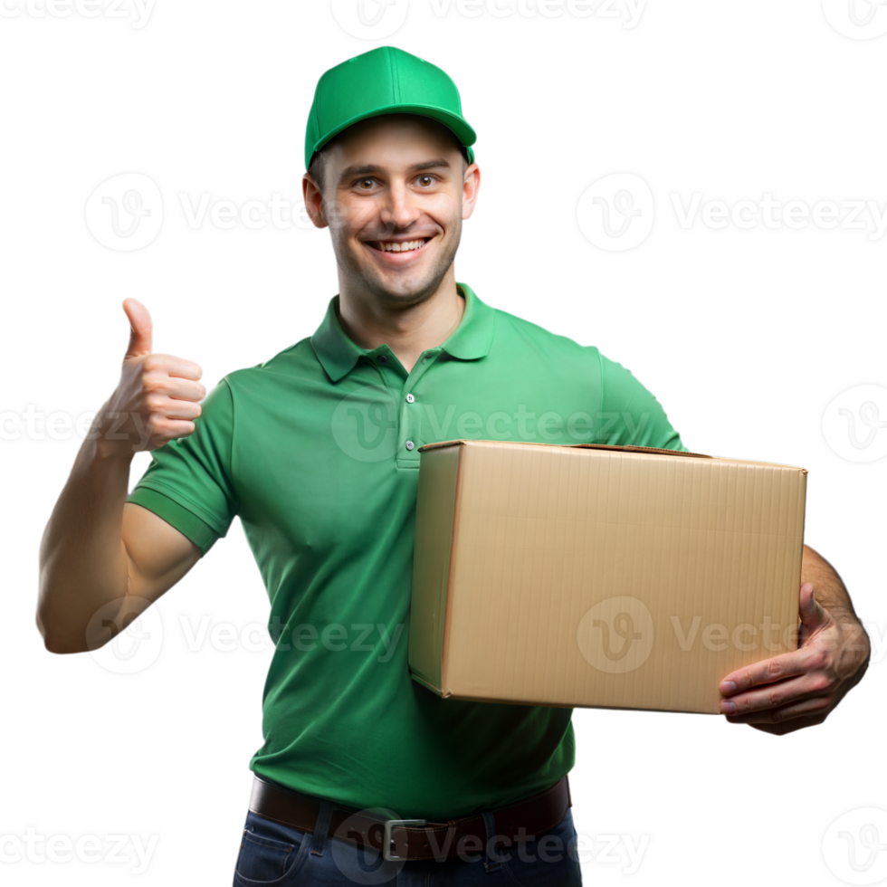 Smiling Delivery Man Holding Box And Giving Thumbs Up 46572101 Png