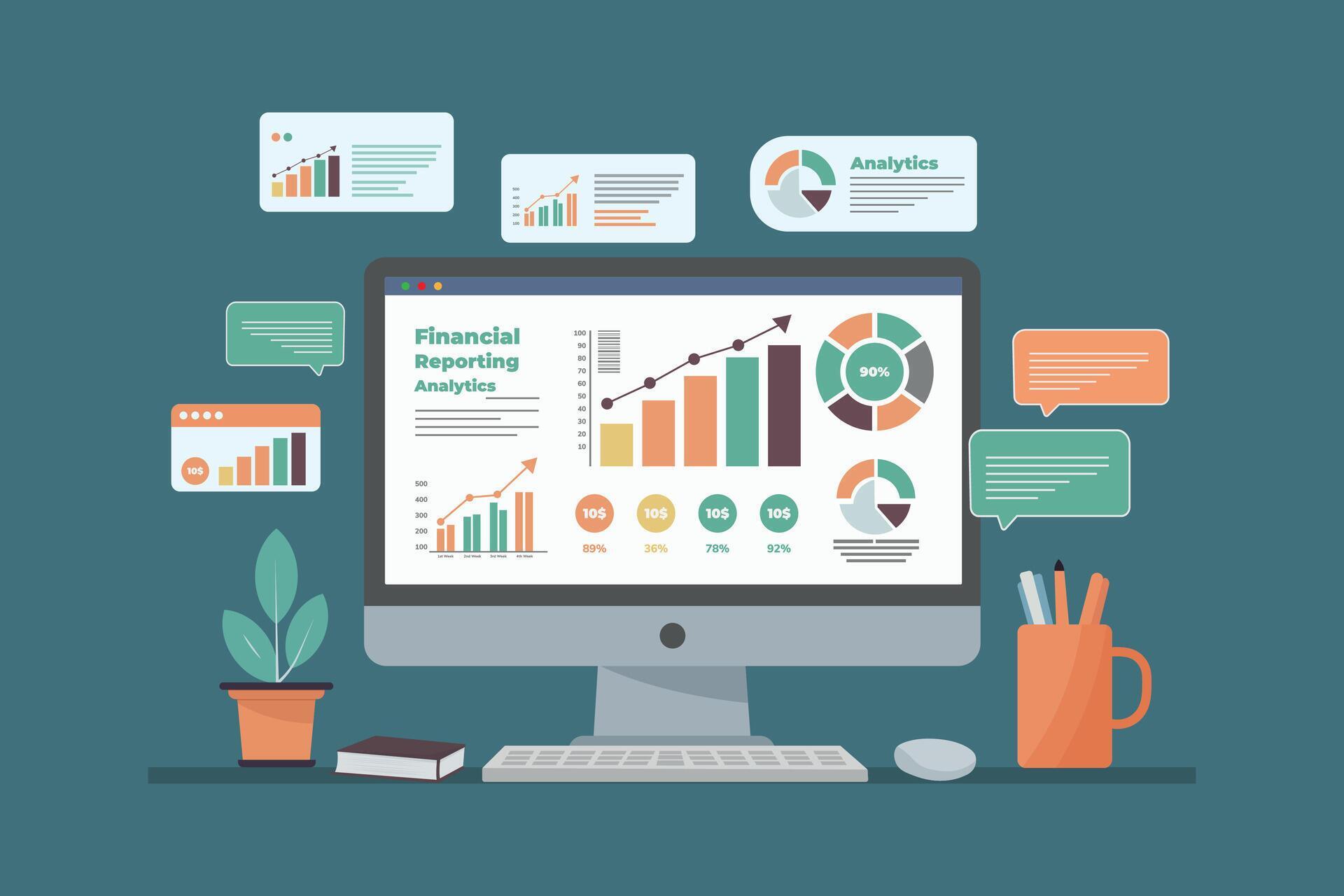 Computer Monitor displays financial reporting infographics, including various charts, stock ...