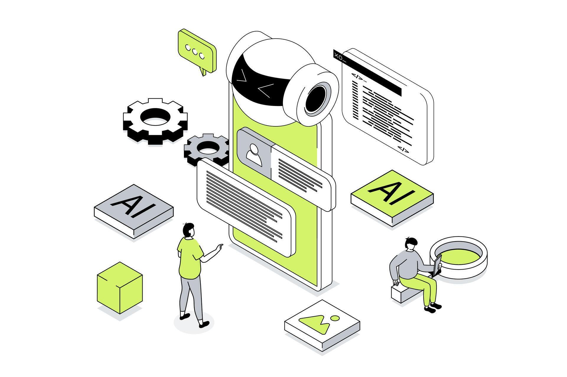 Artificial intelligence 3d isometric concept in outline isometry design for web. People working ...