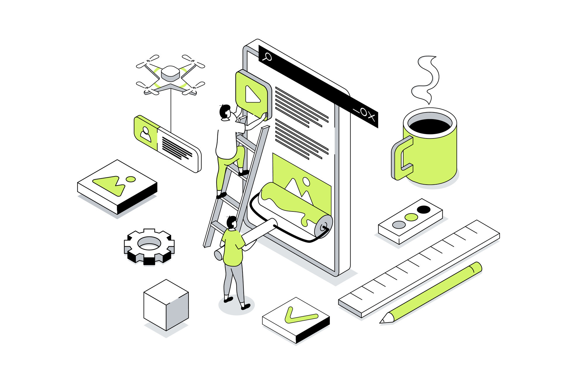 Web Design 3d Isometric Concept In Outline Isometry Design For Web People Creating Pages