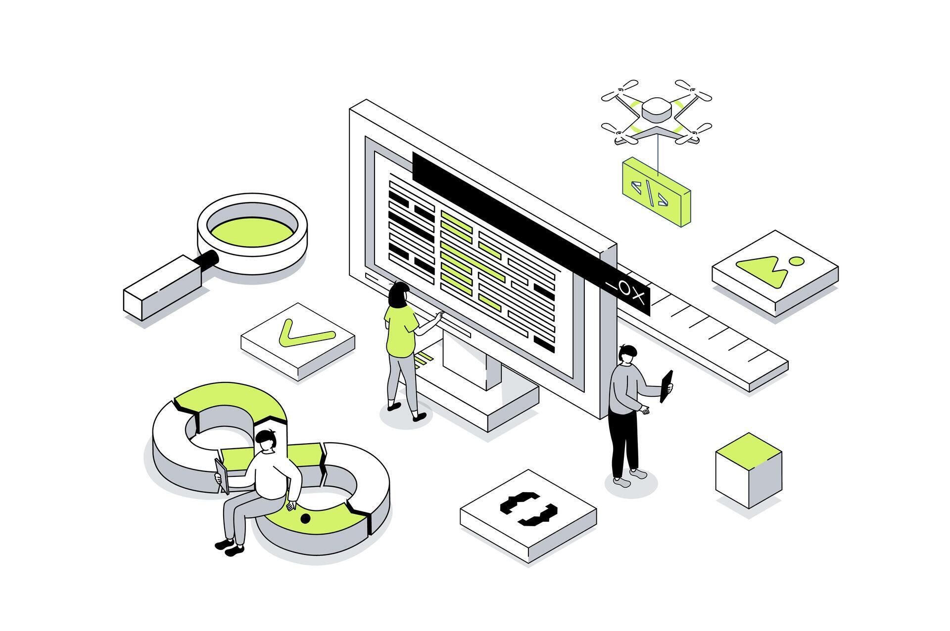 DevOps 3d isometric concept in outline isometry design for web. People ...