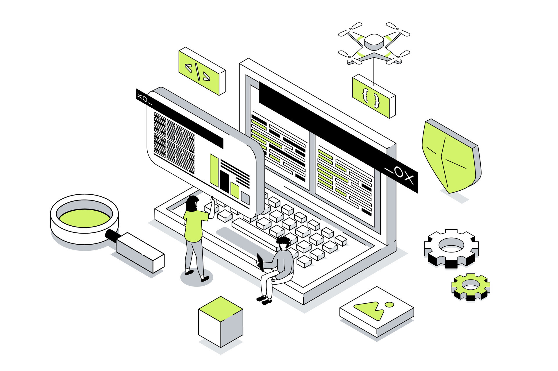 Programming 3d Isometric Concept In Outline Isometry Design For Web People Working With Code At