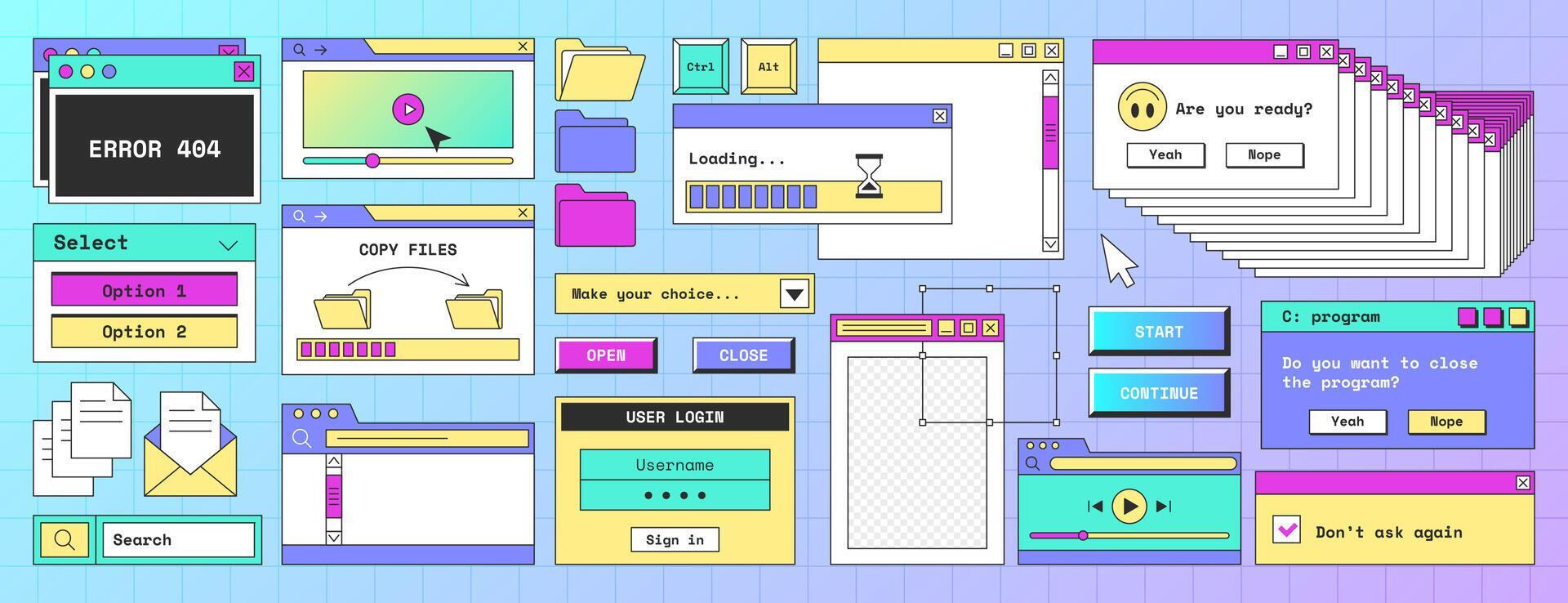 Retro computer interface, digital screen with open software windows, buttons, browser, folder ...