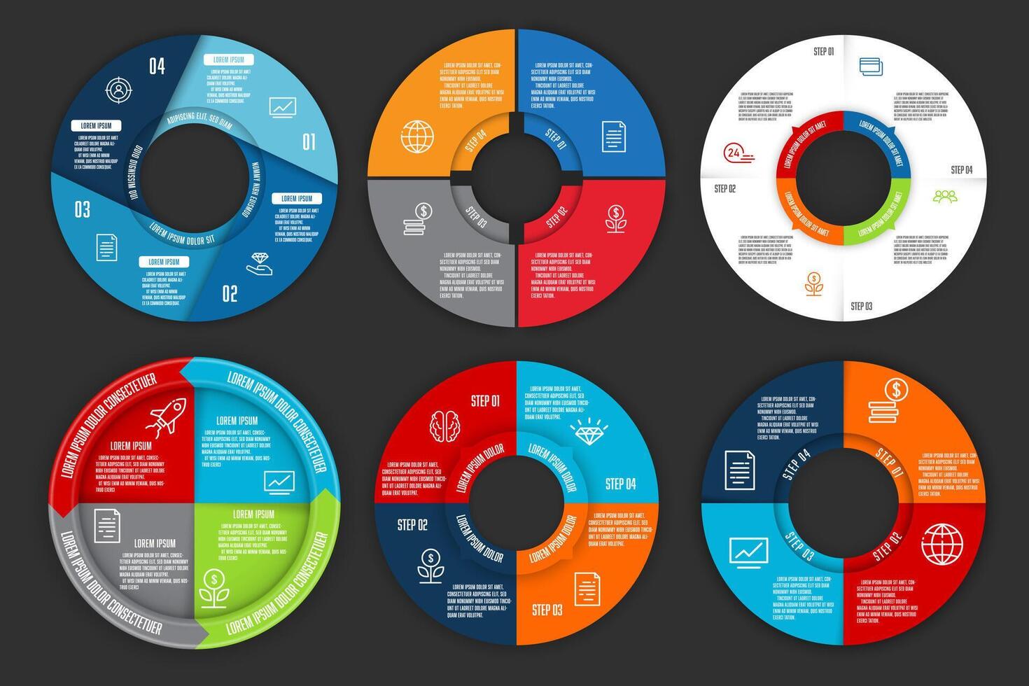 set circle pie chart into 4 step. Concept startup development strategy ...