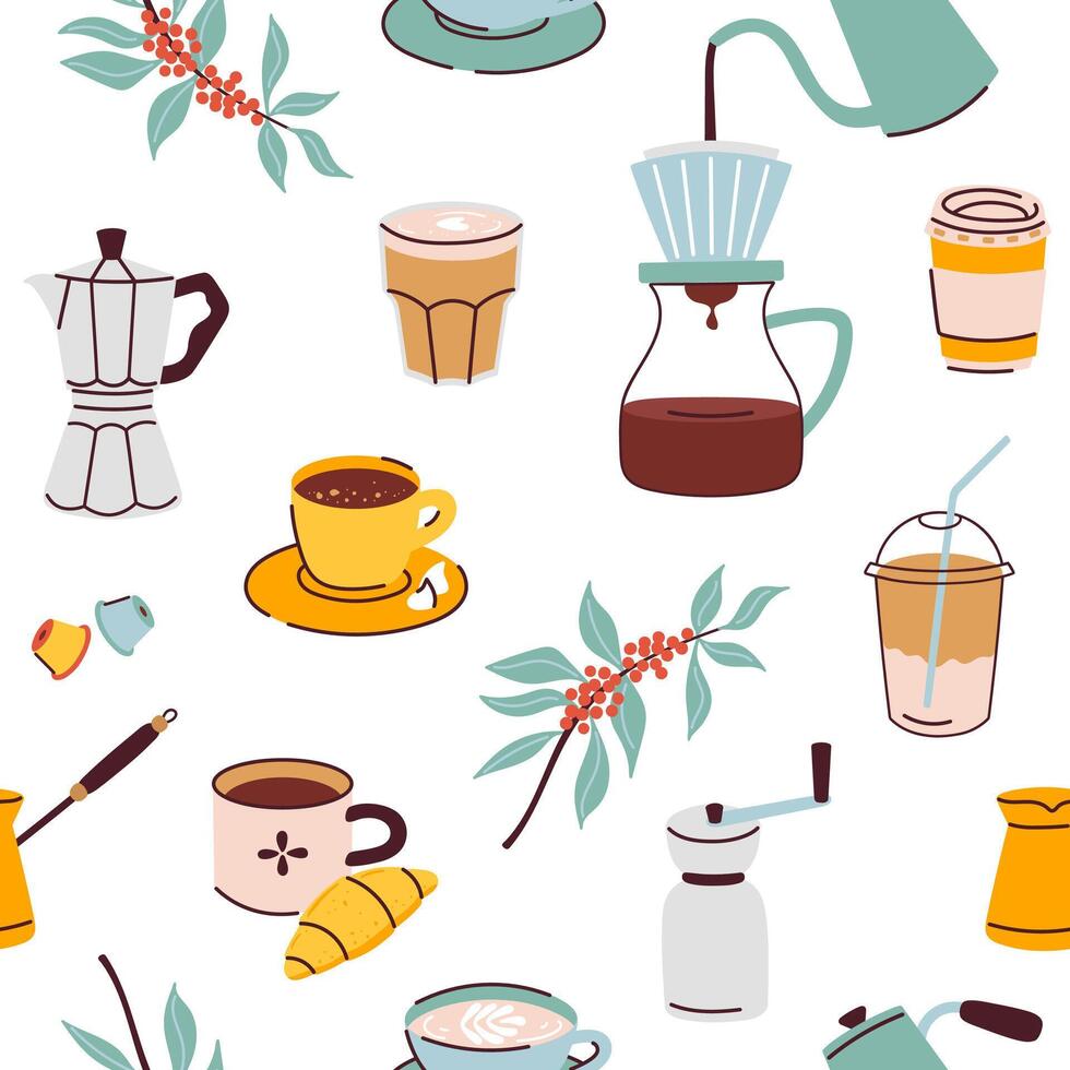 Seamless pattern with coffee drinks and coffee maker. Cups, glasses, coffee grinder, jezva, pour ...