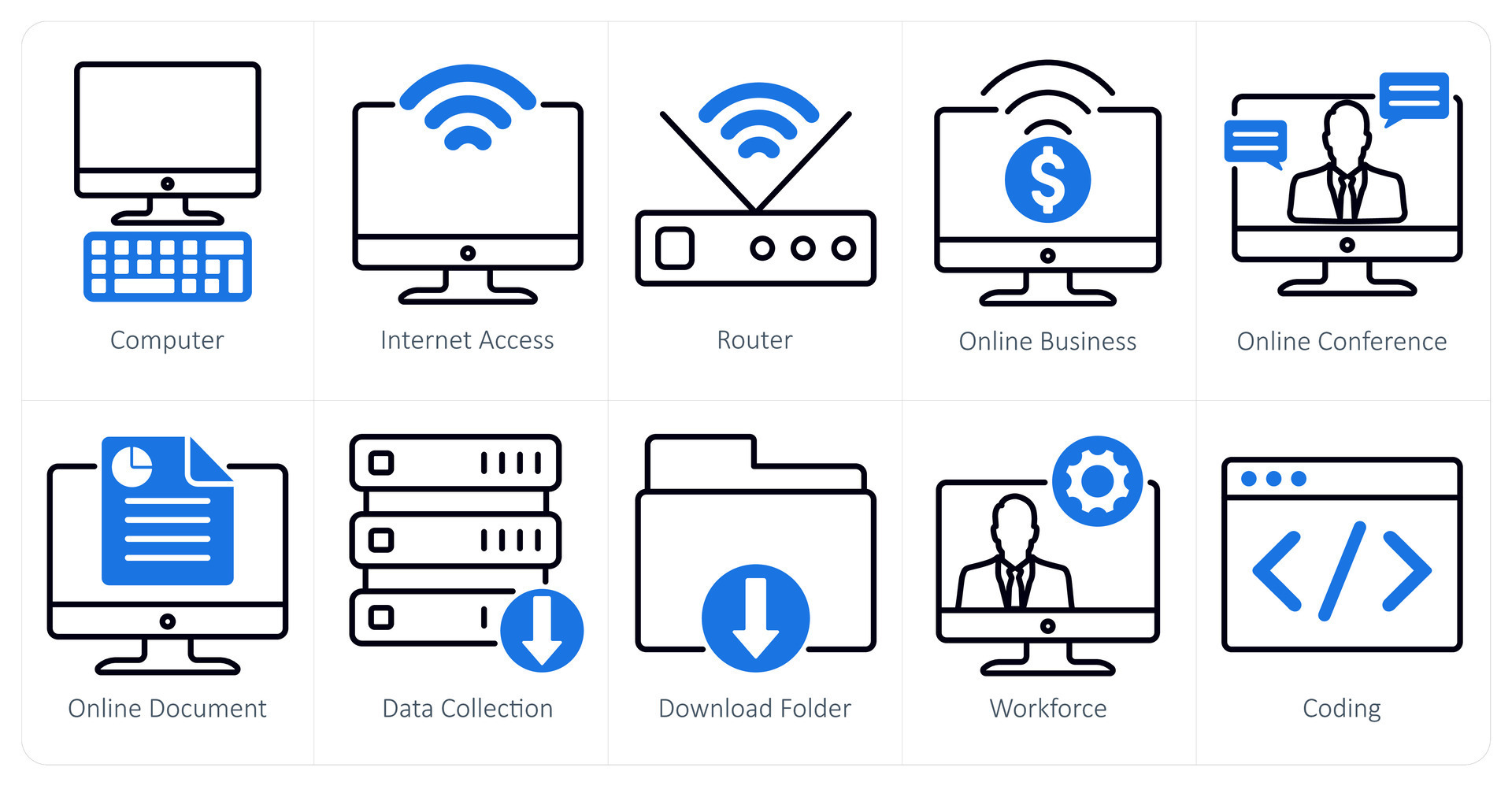 A set of 10 business and office icons as computer, internet access ...
