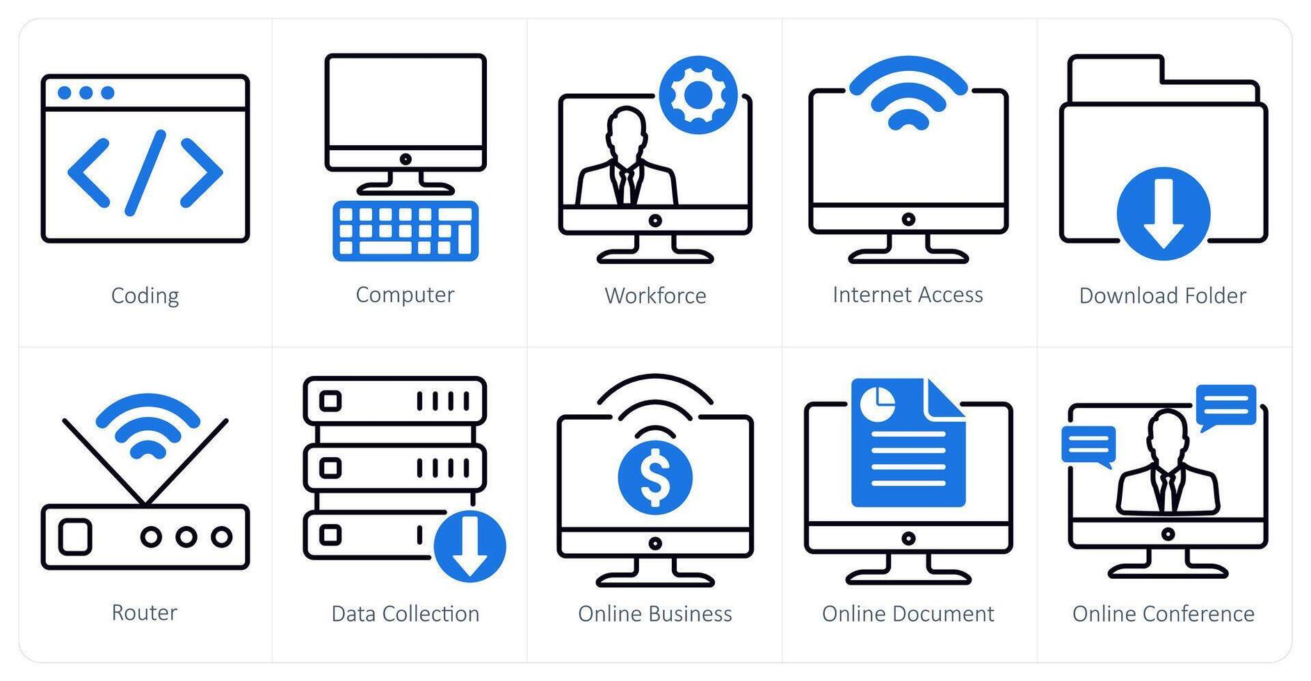 A set of 10 business and office icons as coding, computer, workforce ...