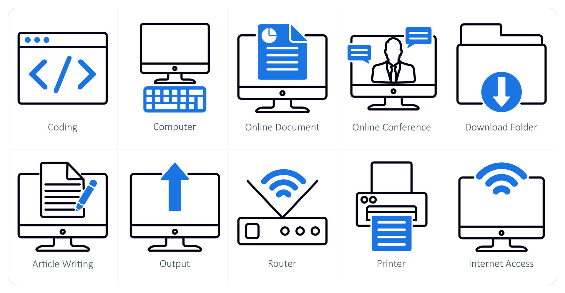 A set of 10 business and office icons as coding, computer, online ...