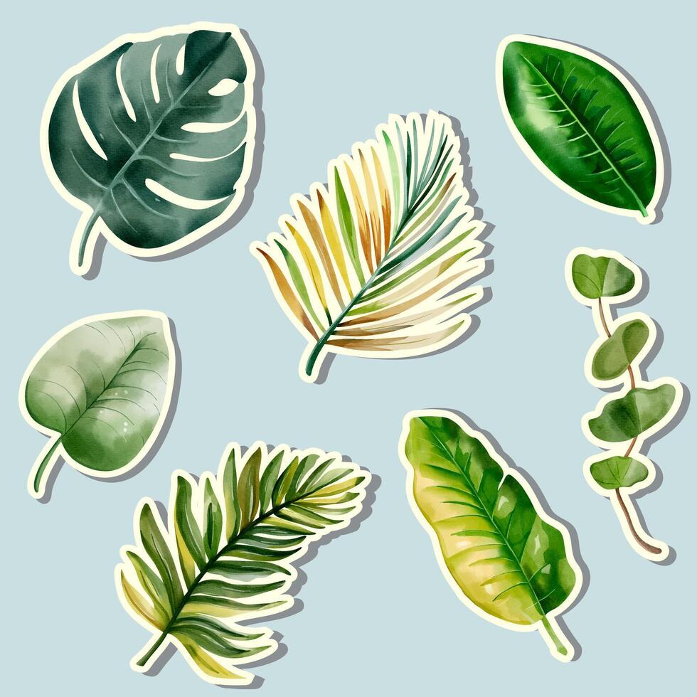 Sticker Set Of Exotic Leaves Watercolor Tropical Leaves Hand Drawn