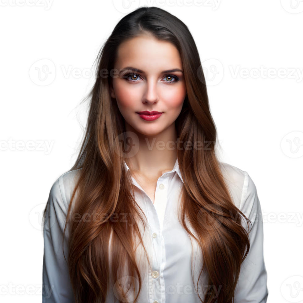 Young Woman With Long Brown Hair Wearing A White Shirt And Looking At