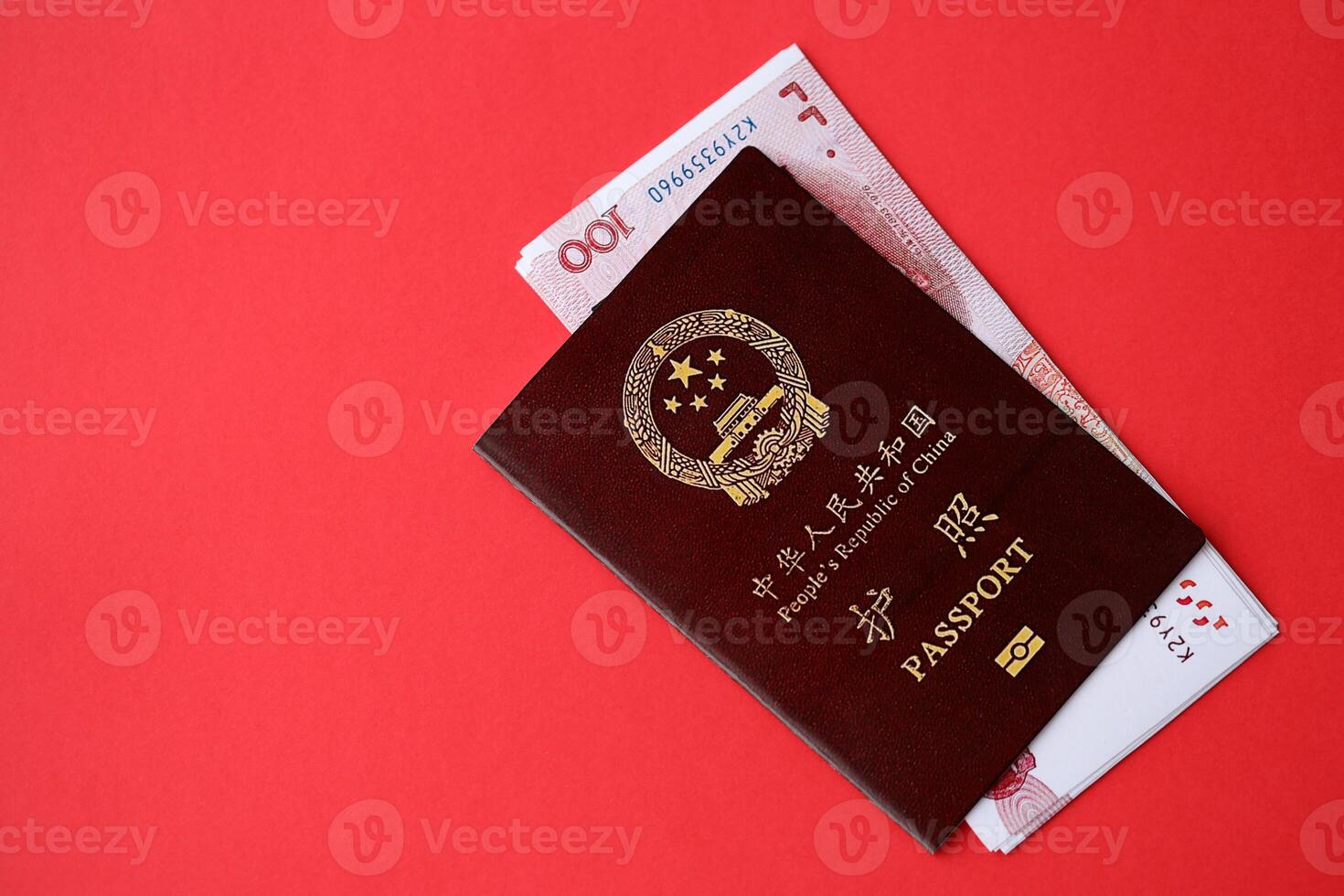 Red Passport Of People Republic Of China And Chinese Yuan Money Bills Prc Chinese Passport