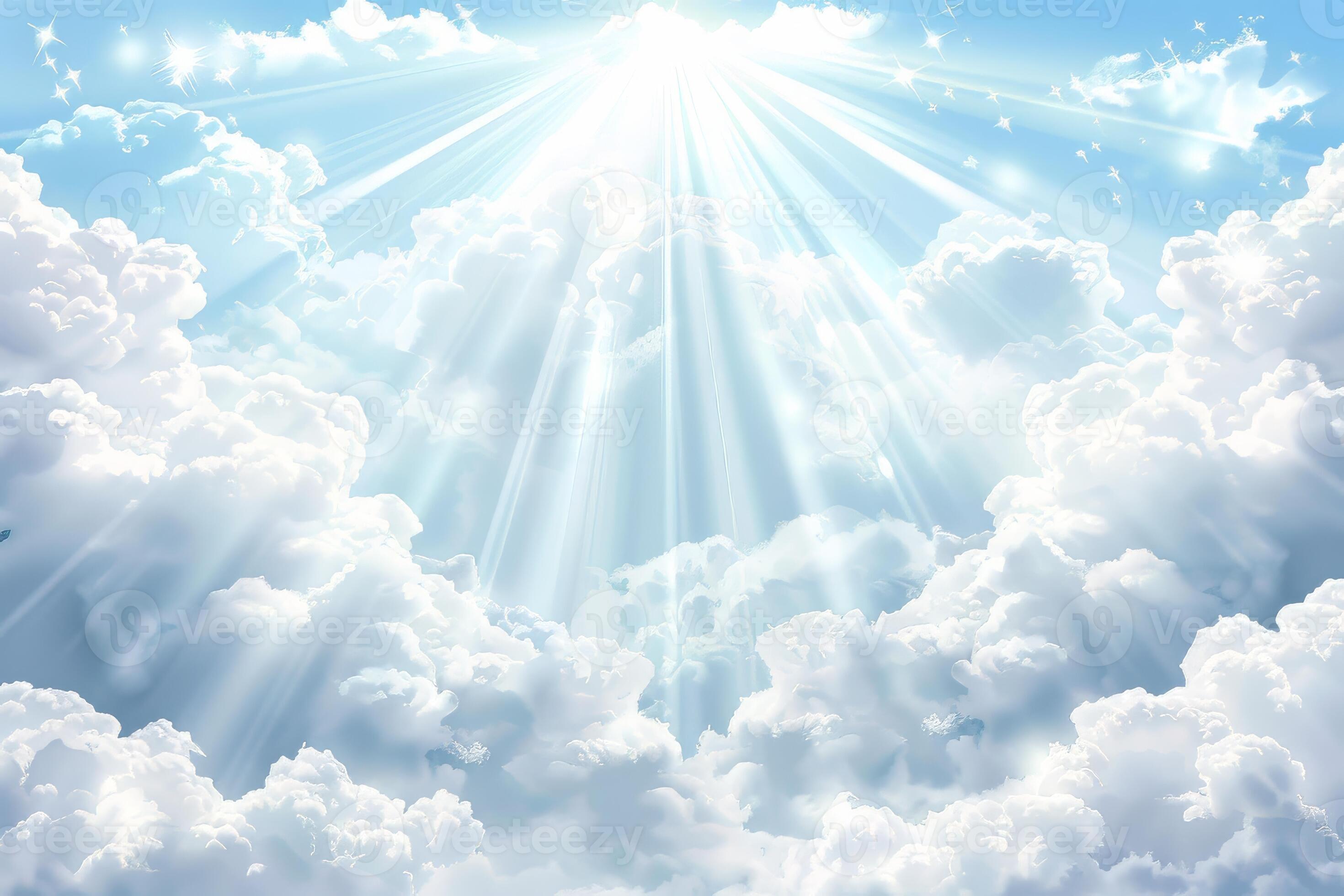 The sky is filled with clouds and the sun is shining brightly through them. Concept of hope and ...