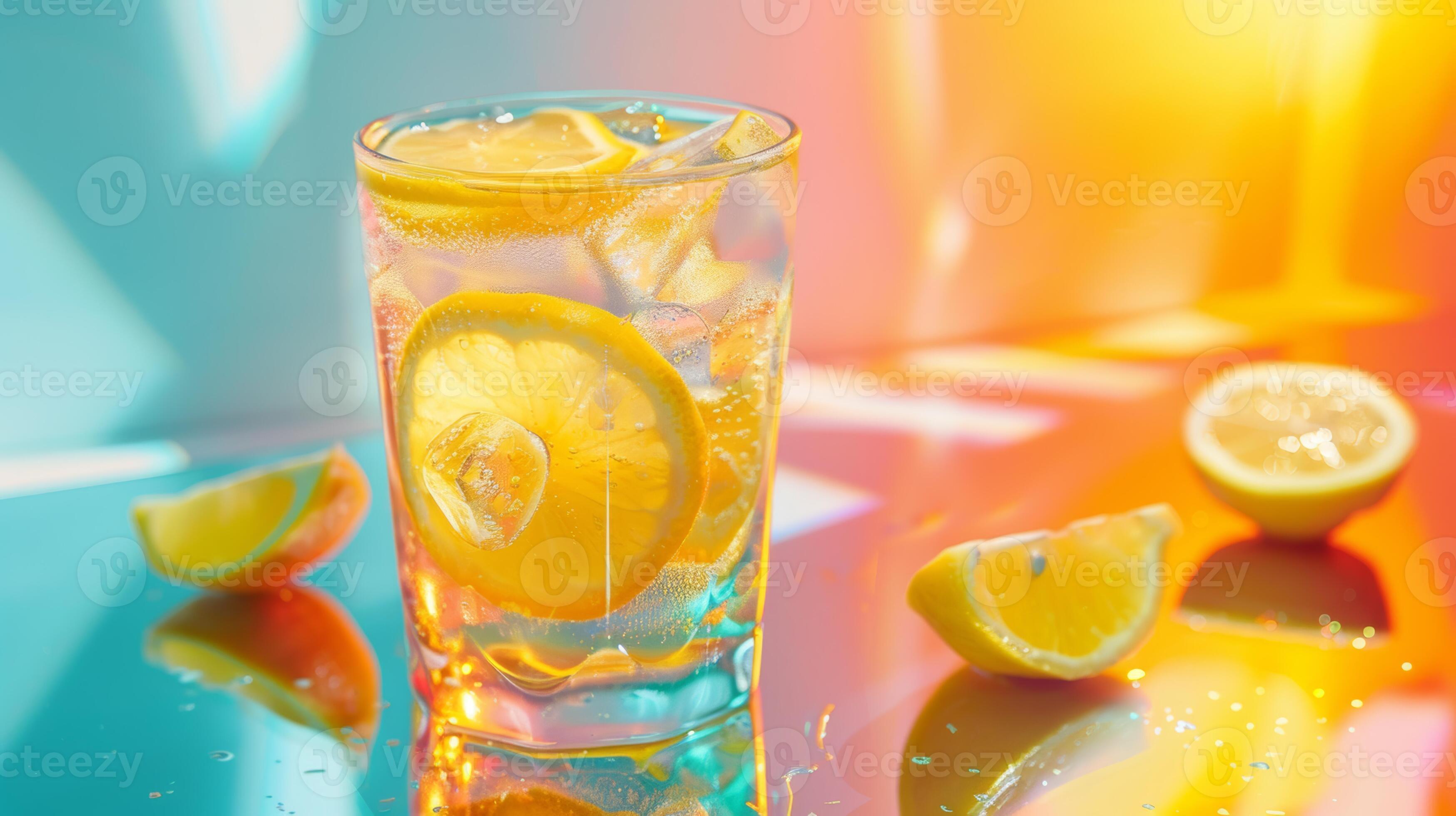 Colorful poster showcasing a spinning glass of lemonade 46606917 Stock Photo at Vecteezy