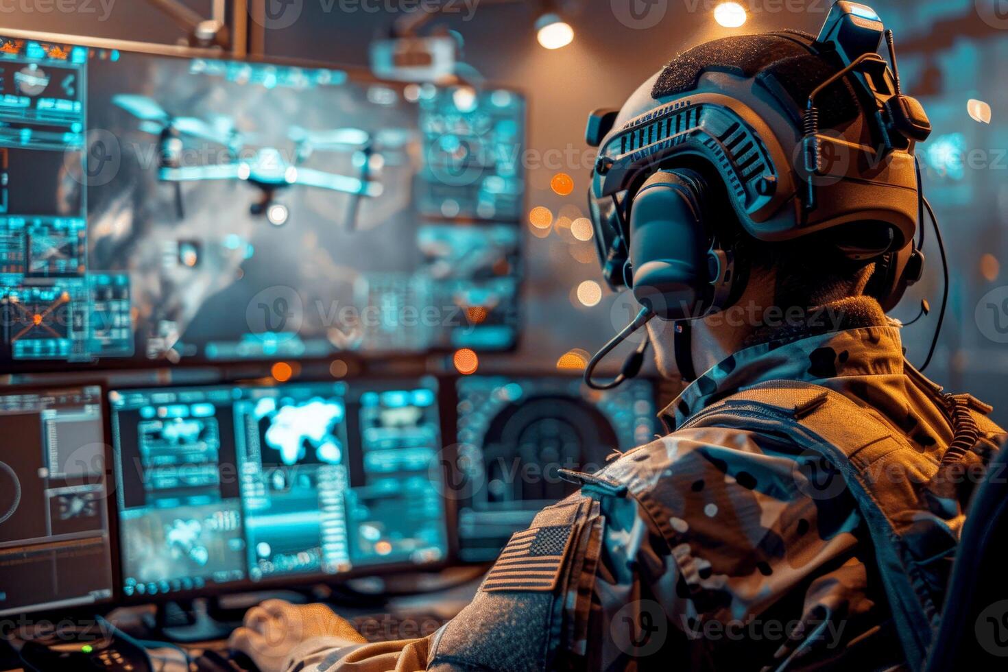 Soldier Command operating at control panel in monitoring war room on war base. 46607885 Stock ...