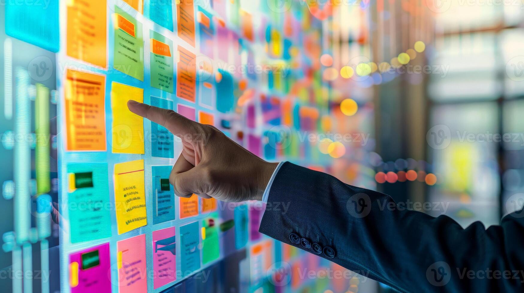 Agile software development scrum methodology boards. workflow, Finger touching virtual interface ...