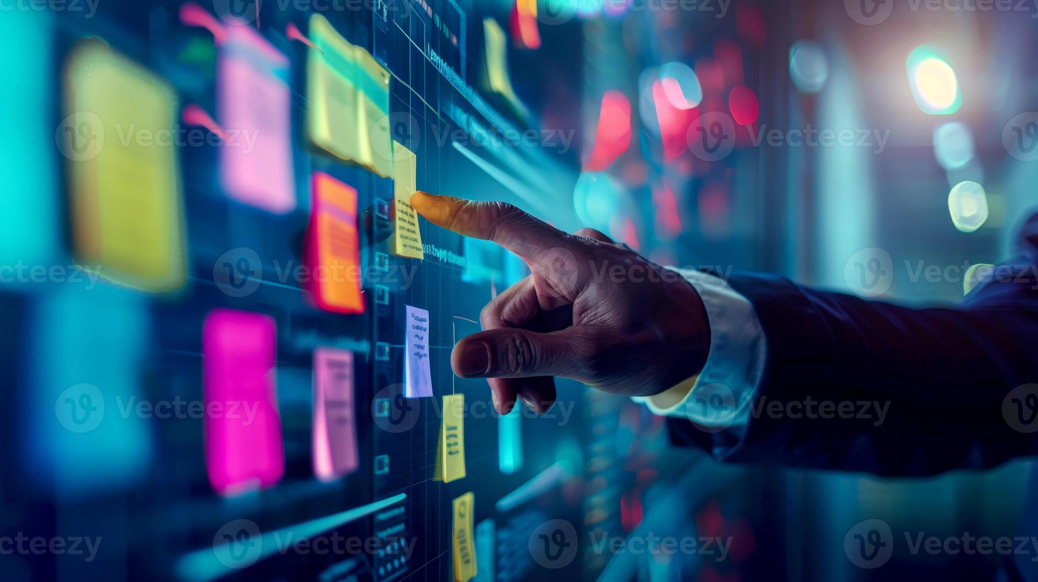 Agile software development scrum methodology boards. workflow, Finger touching virtual interface ...