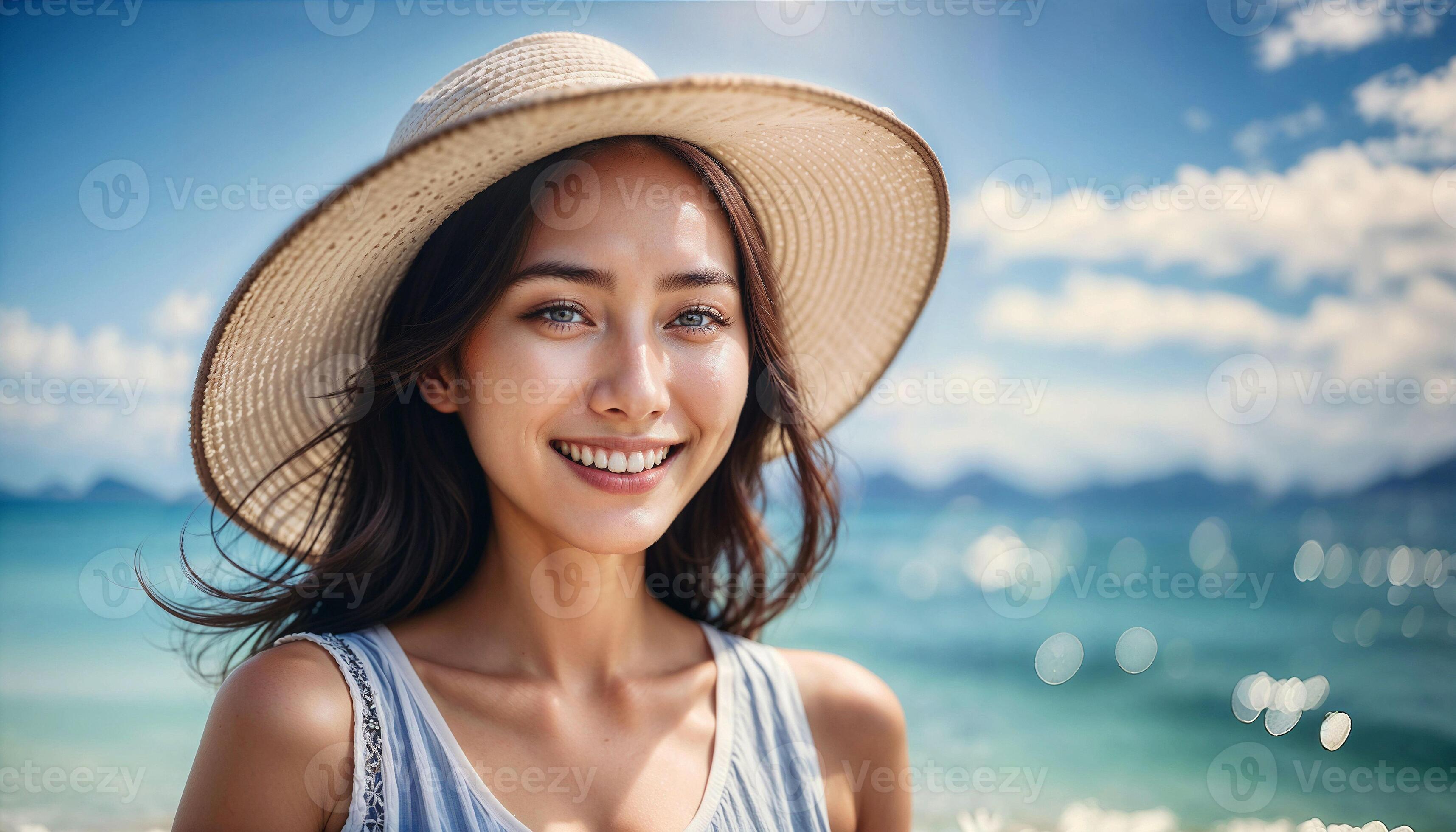 Portrait Of Beautiful Woman Wearing Sun Hat On Sea Background 46614421