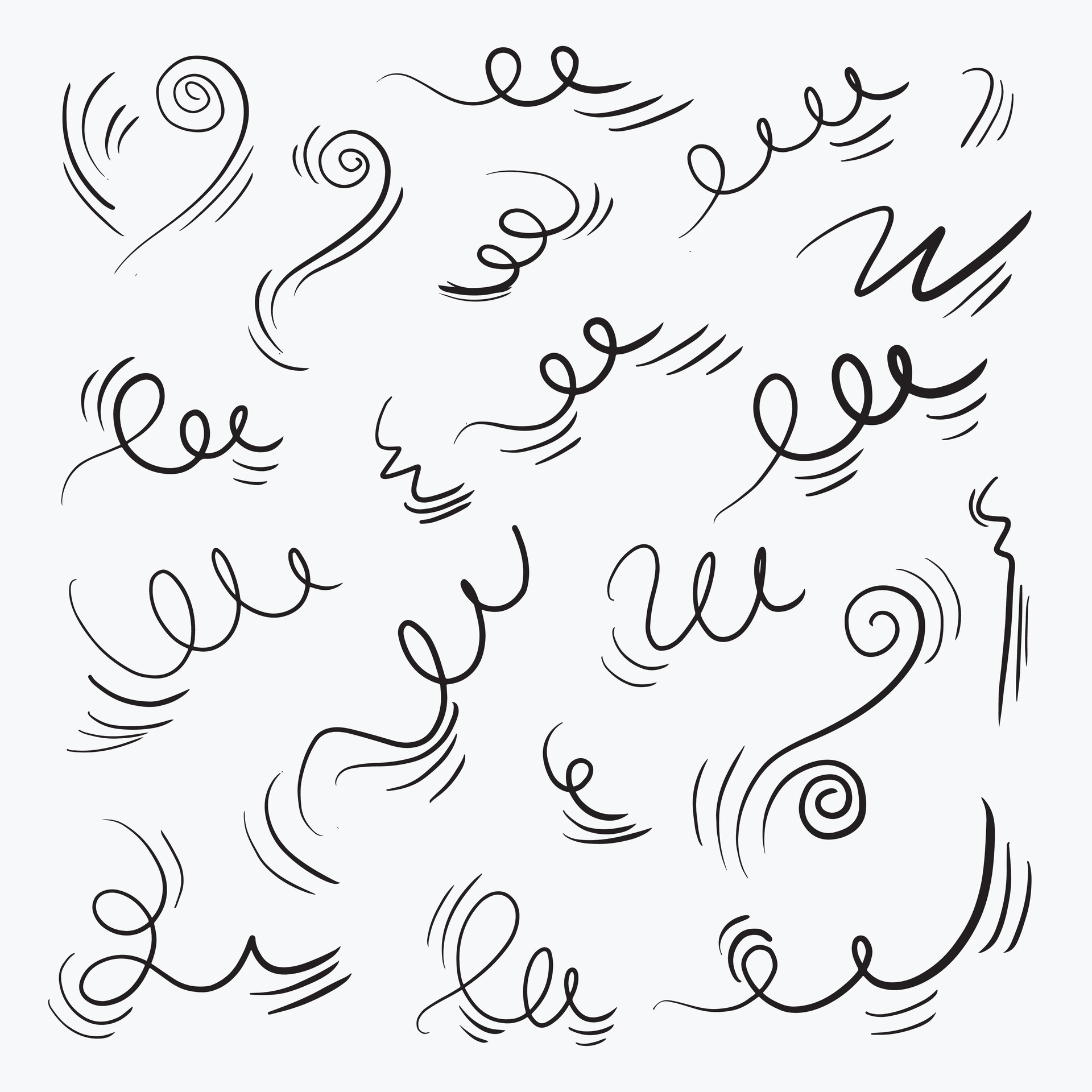 Doodle wind line sketch set. Hand drawn doodle wind movement, air ...