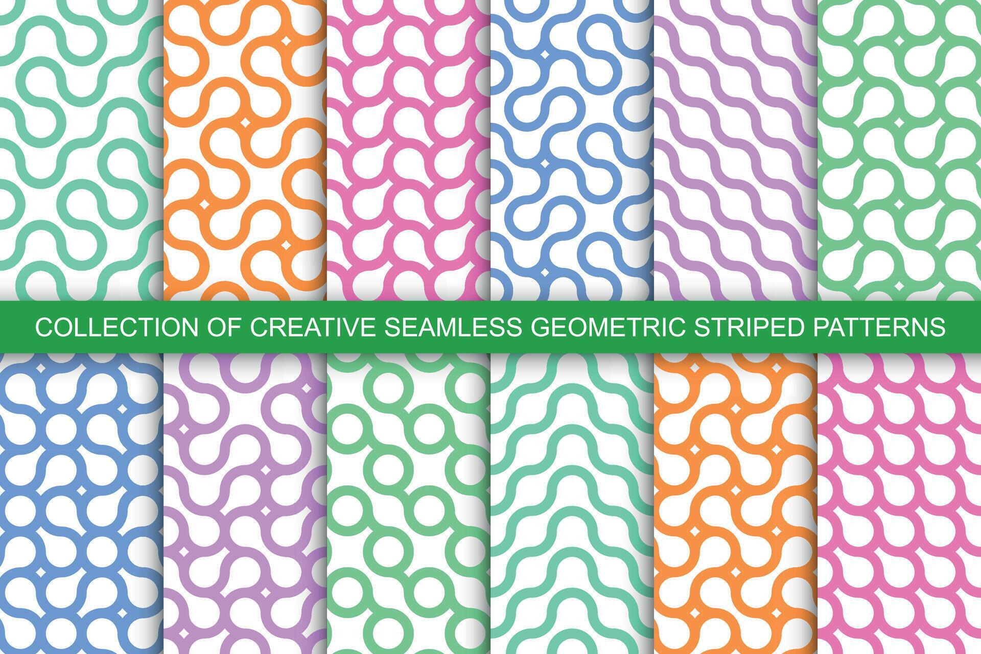 Collection of striped seamless geometric curve patterns. Bright wavy ...