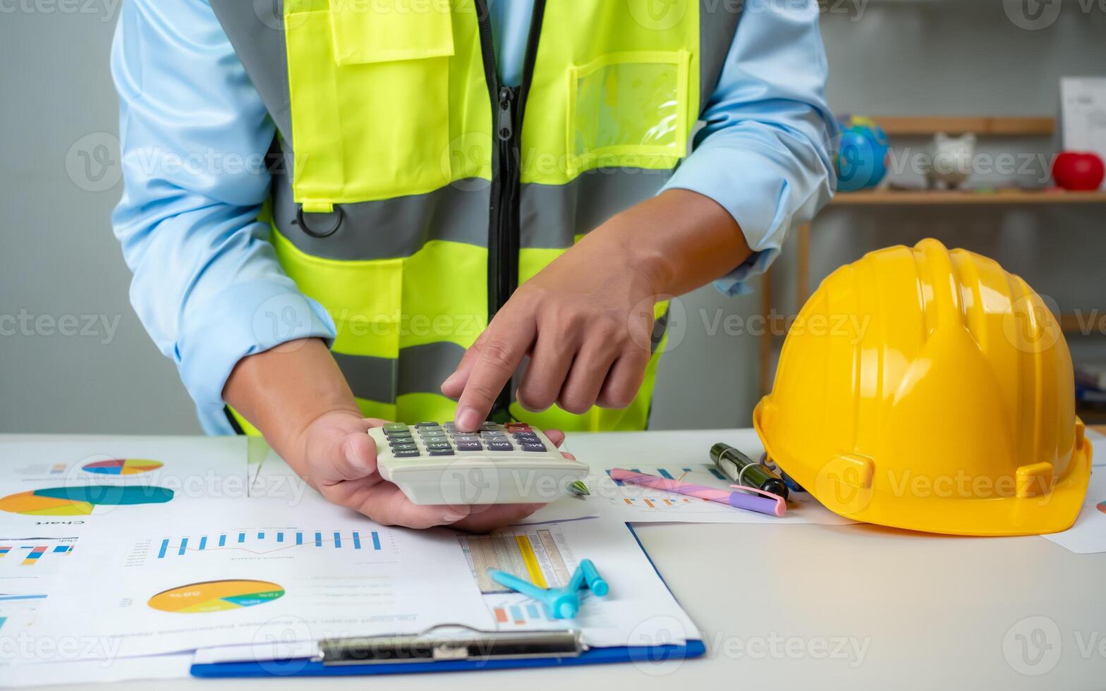A Foreman Sits At A Desk In An Office Calculating Costs Planning Construction Calculating