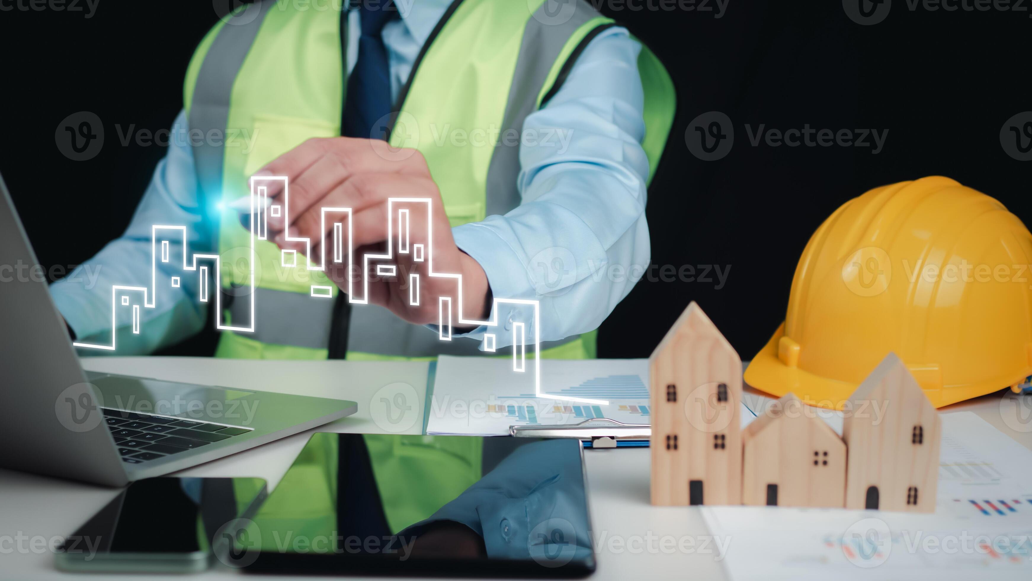 Project Presentation Plan Construction Cost Planning Architect Or Engineer Using Tablet To