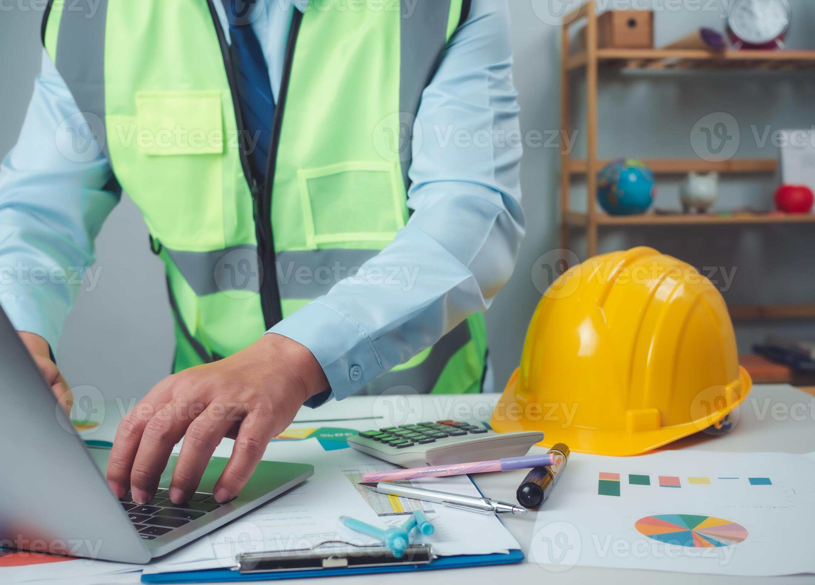 Architect Or Engineer Using Computer To Work On Desk Cost Calculation Construction Planning