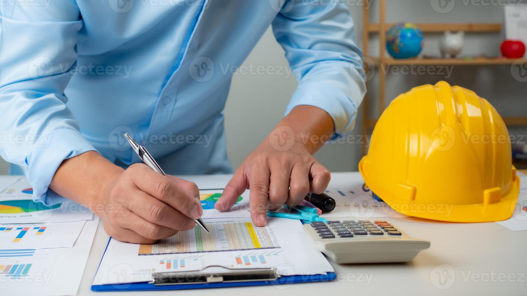 Architect Or Engineer Sitting At Desk In Office Cost Calculation Construction Planning