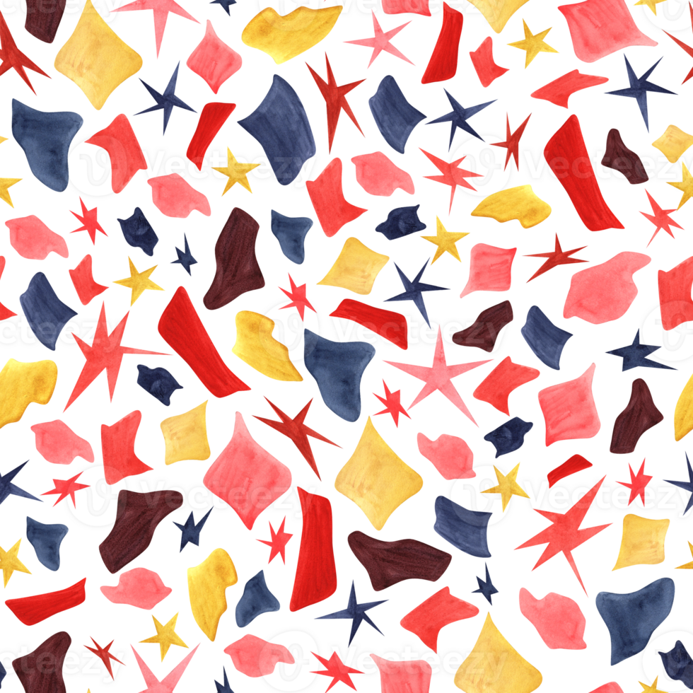 Colored Geometric Shapes And Stars Abstract Watercolor Splashes Seamless Pattern With Native
