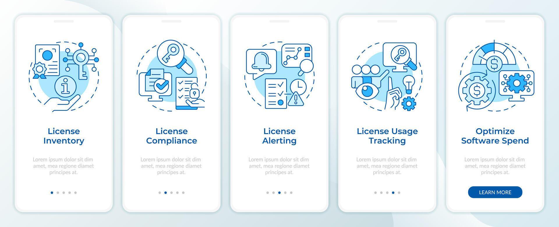 Software Licensing Features Blue Onboarding Mobile App Screen