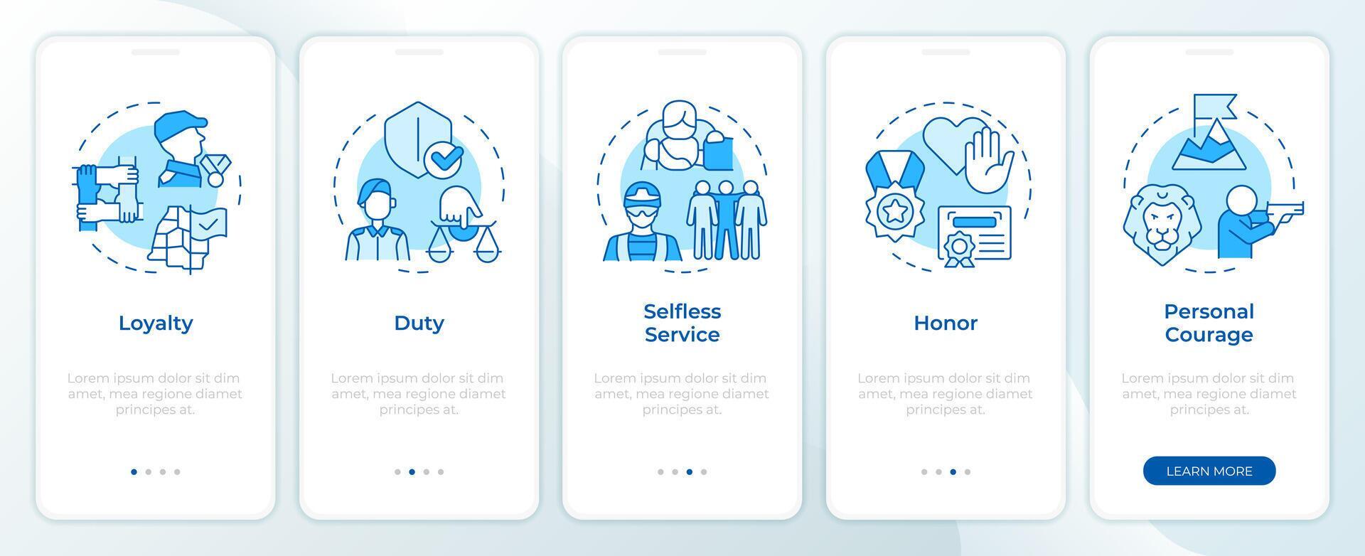 Army mental values blue onboarding mobile app screen. Walkthrough 5 steps editable graphic ...
