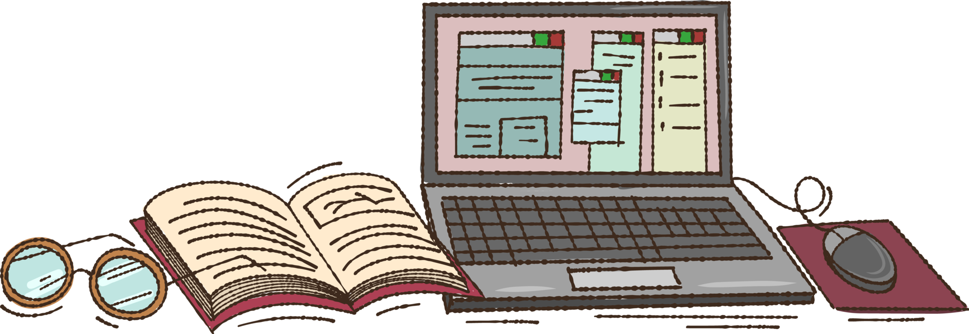 Desk With Computer Laptop And Book Illustration Design Hand Drawn