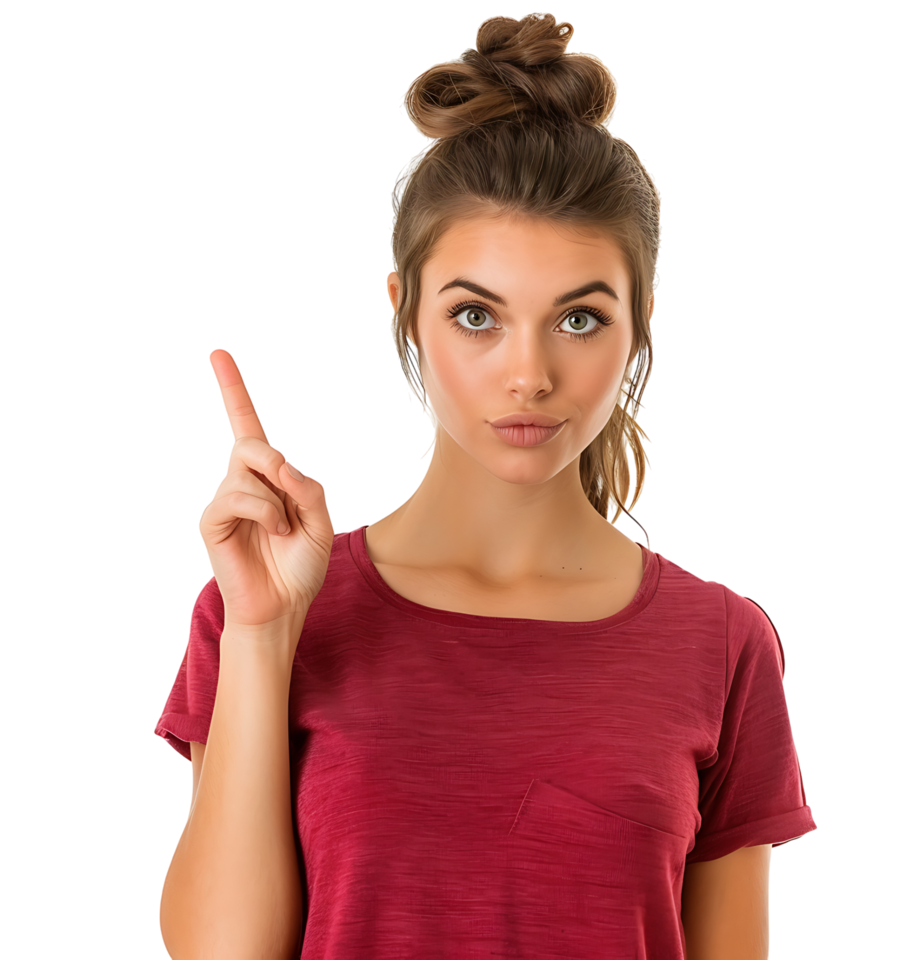 Girl raises finger up, says Attention please stock photo on isolated ... Girl raises finger up, says Attention please stock photo on isolated ...