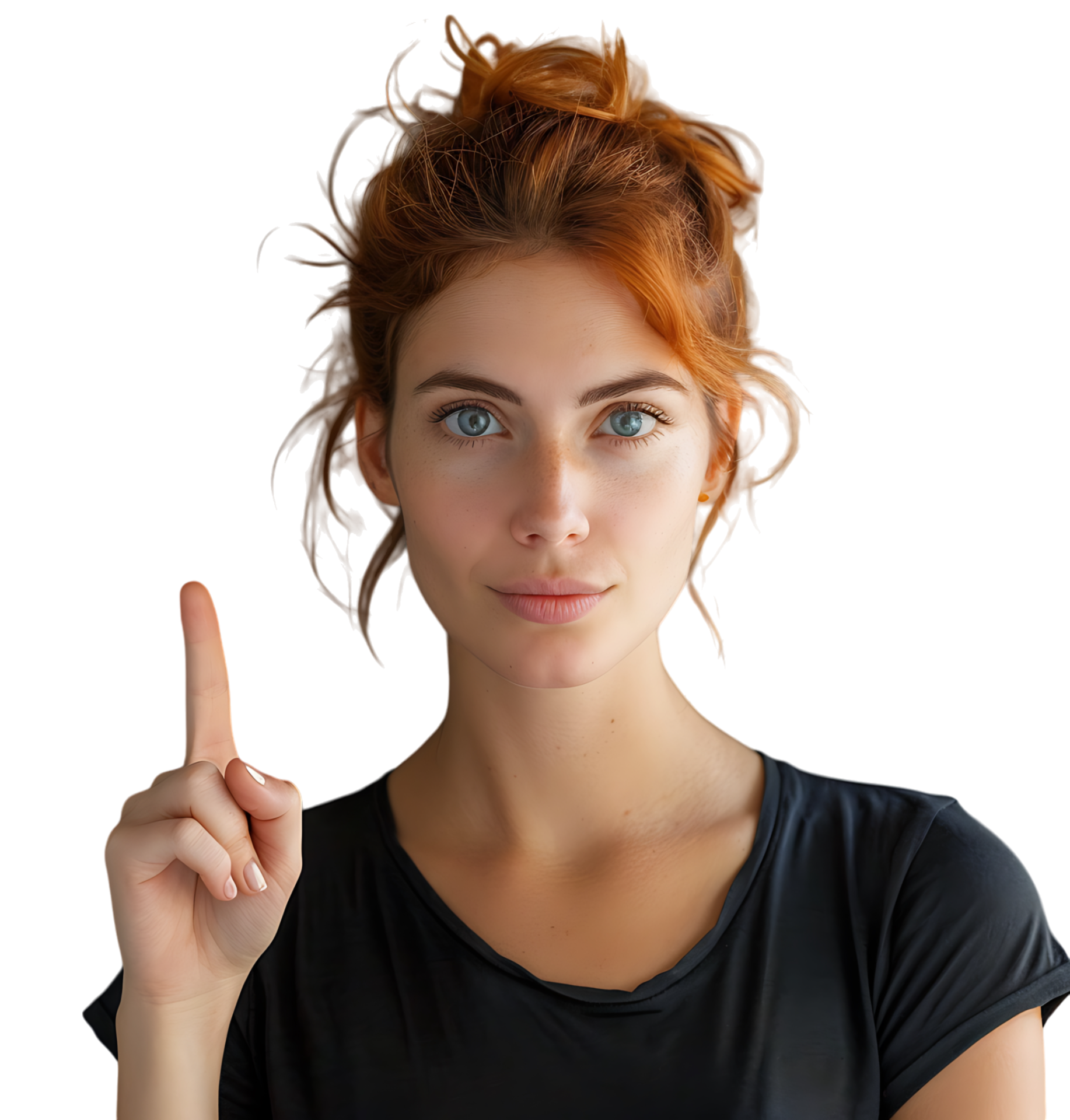 Girl raises finger up, says Attention please stock photo on isolated ... Girl raises finger up, says Attention please stock photo on isolated ...