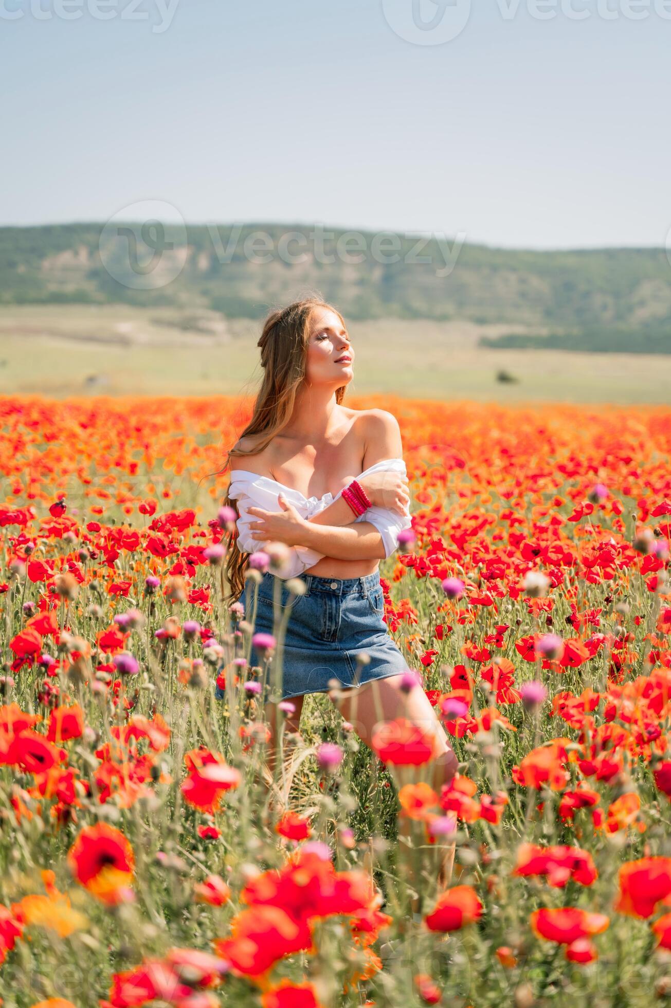 Woman Poppies Field Side View Of A Happy Woman With Long Hair In A Poppy Field And Enjoying The