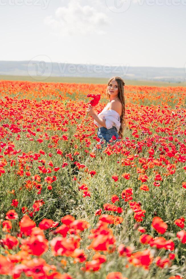 Woman Poppies Field Side View Of A Happy Woman With Long Hair In A Poppy Field And Enjoying The