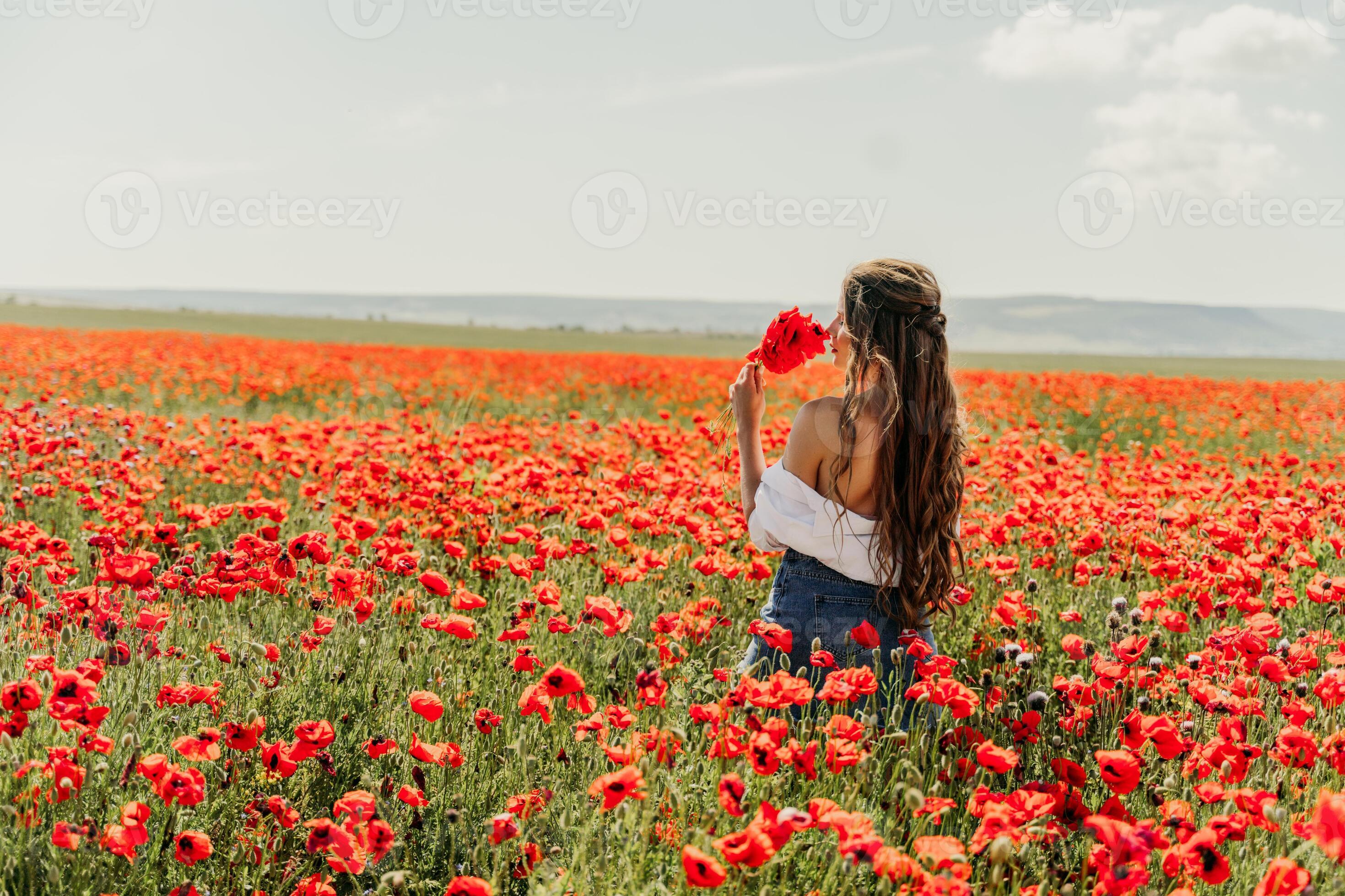 Woman Poppies Field Side View Of A Happy Woman With Long Hair In A Poppy Field And Enjoying The